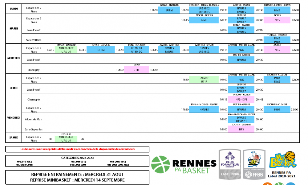 Reprise Saison 2022 2023 Planning Entraînements Rennes Pôle Association